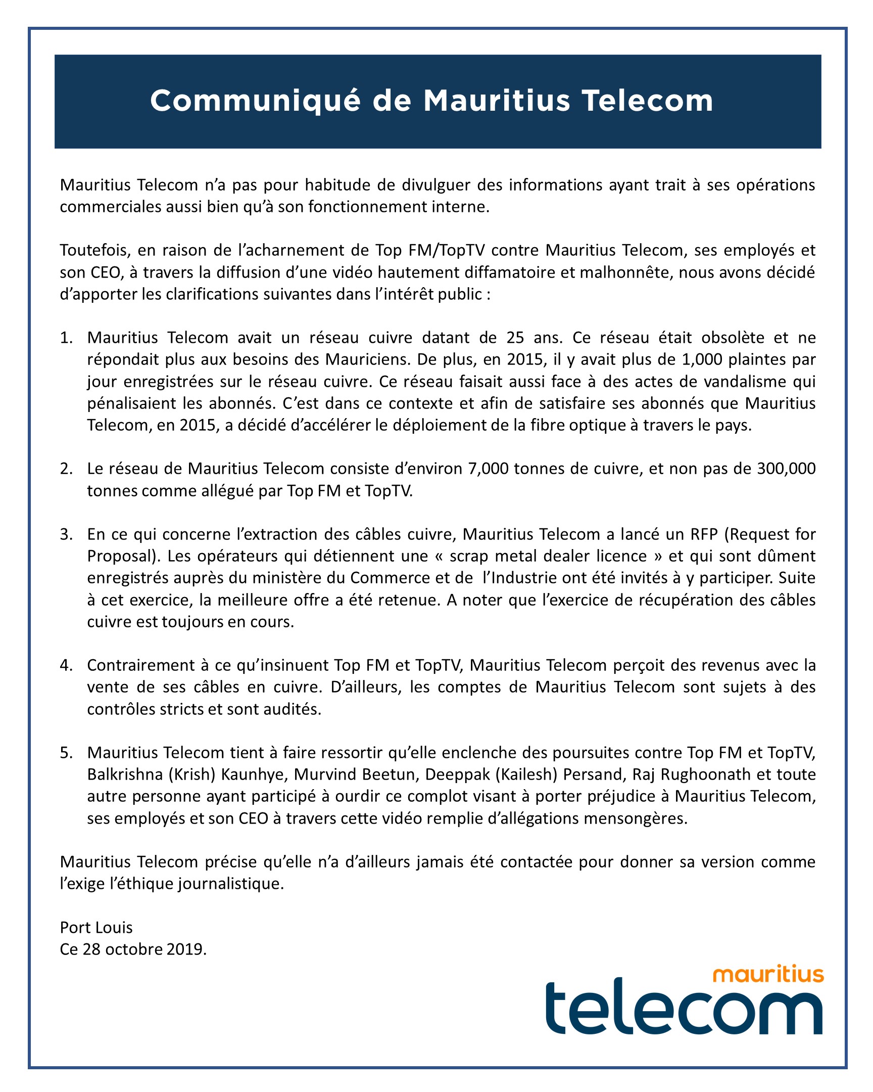 Communiqué de Mauritius Telecom - ChannelNews